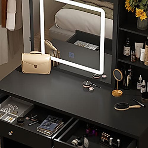 AIEGLE Large Vanity Desk Set with Sliding Lighted Mirror, Makeup Dressing Table with Hidden Shelves & Cushioned Stool, Black - Sliding Lighted Mirror