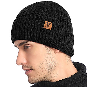 Vgogfly Lined Men Beanie Slouchy Knit Skull Cap Warm Stocking Hats Guys Women Striped Winter Beanie Hat Black