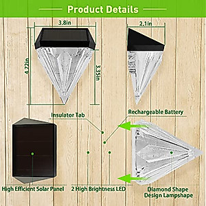 Diamond Solar Fence Lights ,Solar Deck Lights , Solar Wall Lights Outdoor Lights, Decorative Waterproof Solar Powered LED Garden Light , Outside Solar Step Lights for Patio,Decor,Garden,Porch, 4 Pack