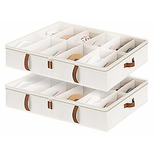 StorageWorks Under Bed Shoe Storage Organizer, Underbed Shoes Container with Adjustable Dividers, Shoe Storage Basket with Cover, Beige, 2-Pack, Space-Saving Shoe Box Fits up to 24 Pairs
