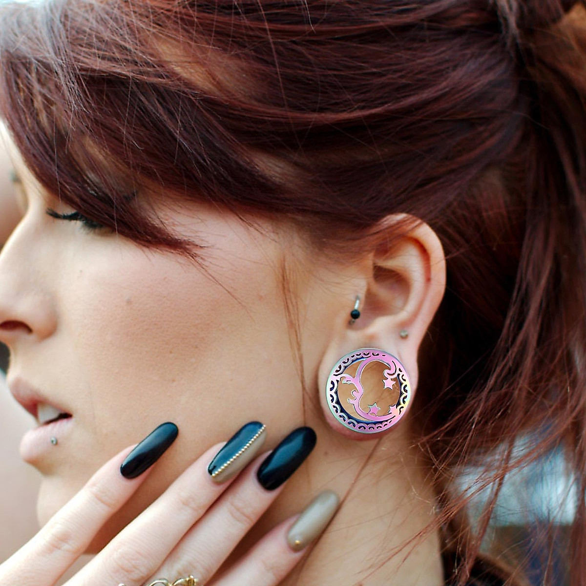 REELMAR 2Pcs Gauges for Ears Women Hollow Sun Moon Asymmetrical Plugs Single Flared Saddle Stretching Tunnels Expanders Stainless Steel Body Piercing Earrings 0G 00G to 1 Inch (10mm (00G), Rainbow)