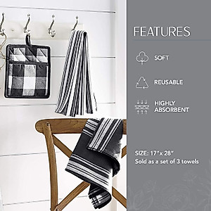 Elrene Home Fashions Farmhouse Living Stripe and Check Kitchen Towels, 17" x 28" (Set of 3), Black/White 3