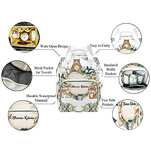 Woodland Animals Forest Leaves Personalized Diaper Backpack with Name,Custom Travel DayPack for Nappy Mommy Nursing Baby Bag One Size