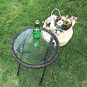 PHI VILLA Outdoor Side Tables-Foldable Patio Rattan Table with Tempered Glass Table Top and High-Strength Thickened Iron Pipe Bracket for Patio Outdoor Sofa and Chair in Garden,1 Pack