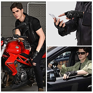 FIORETTO Men Genuine Leather Fingerless Gloves Punk Half Finger Gloves Unlined Sheepskin Gloves for Driving Motorcycle Black Large