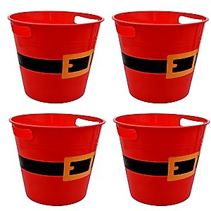 LLE Plastic Buckets with Handles, Red Santa Belt Round Basket, Multi-Purpose Container Decorative Home Kitchen Candy Bars Vase Toy Baskets for Christmas Winter Holiday Party Supplies Set of 4