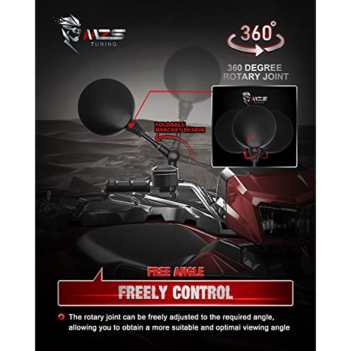 MZS Motorcycle Mirrors, Foldable Adjustment Rear View Mirror 8mm 10mm Universal Handlebar Mount Round Compatible with Motorbike Adventure Dirt Street Bike ATV Quad Snowmobile Scooter Coolster Moped