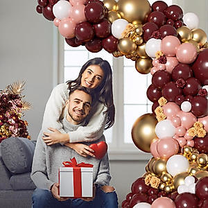142pcs Burgundy Balloon Arch Garland Kit with Metallic Rose Gold Maroon Gold Balloons for Birthday Baby Shower Valentines Day Bridal Shower Wedding Engagement Bachelorette Party Decorations
