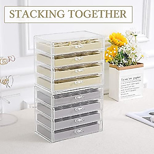 misaya Earring Jewelry Organizer Box, Large Acrylic Jewelry Organizer with 4 Drawers, Clear Velvet Earring Holder Organizer for Earrings, Rings, Necklace, Beige