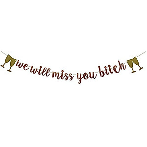 We Will Miss You Bitch Banner,Pre-Strung, Rose Gold Glitter Paper Party Decorations for Retirement Farewell Bridal Shower Going Away Party Supplies Letters Rose Gold We Will Miss You Bitch