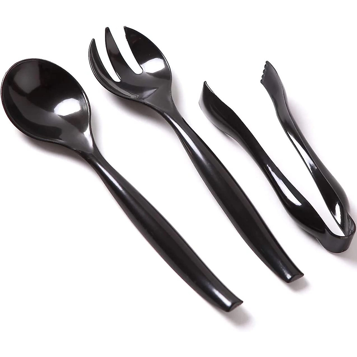 VeZee's Plastic Serving Utensils, Black Heavy Duty Disposable utensil | Set 10" Spoons 10" Forks 6" Tongs | 6 Each in One Set| 18 Pcs