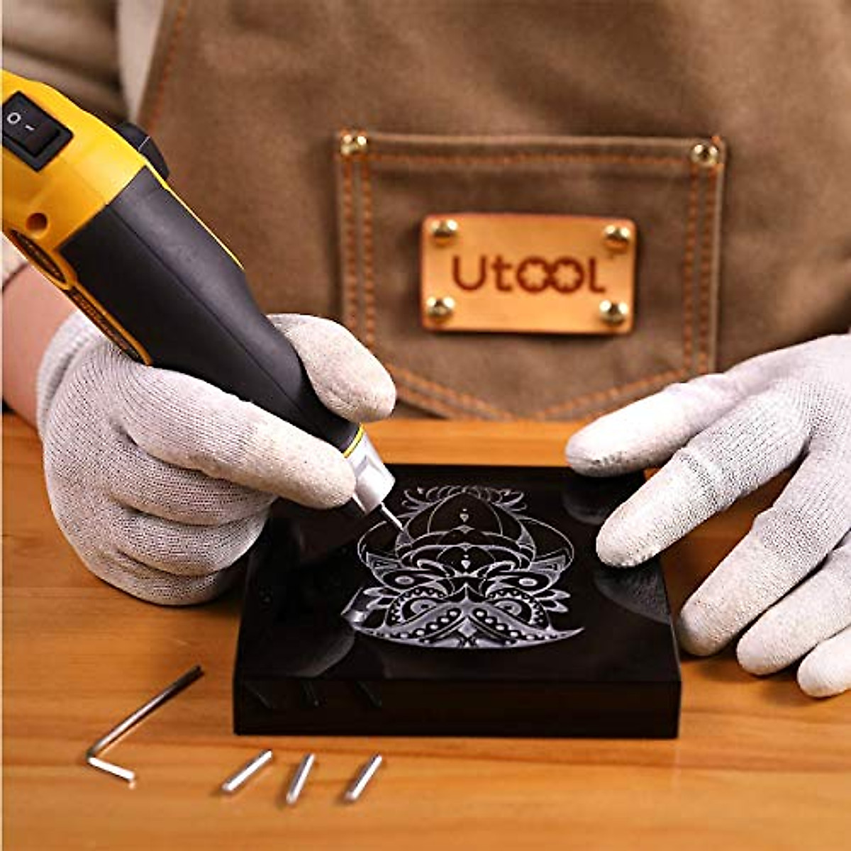 UTOOL Engraver Pen with Letter/Number Stencil, 24W Handheld Etching Tool for Wood Metal Glass Engraving with 4 Replaceable Tungsten Carbide Steel Bits