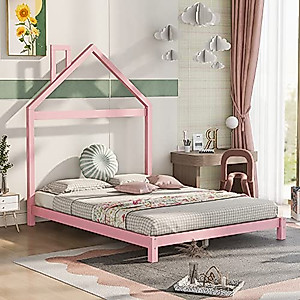 LostCat Full Size Wood Platform Bed with House-Shaped Headboard, Floor Bed with Solid Wood Slats, Full Size Kids House Platform Bed Wood Bed Frames for Boys,Girls, No Box Spring Needed, Pink