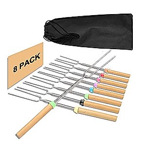 8 Marshmallow Roasting Sticks, 32 Inch Telescoping Hot Dog Forks&Smores Stainless Steel Skewers Extendable for Campfire, Camping Stove Bonfire BBQ Tools with Portable Bag