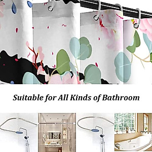 4 Piece Black White Stripes Pink Rose Flower Floral Modern Shower Curtains Sets with Non-Slip Rugs, Toilet Lid Cover and Bath Mat, Bathroom Sets with Shower Curtain and Rugs and Accessories