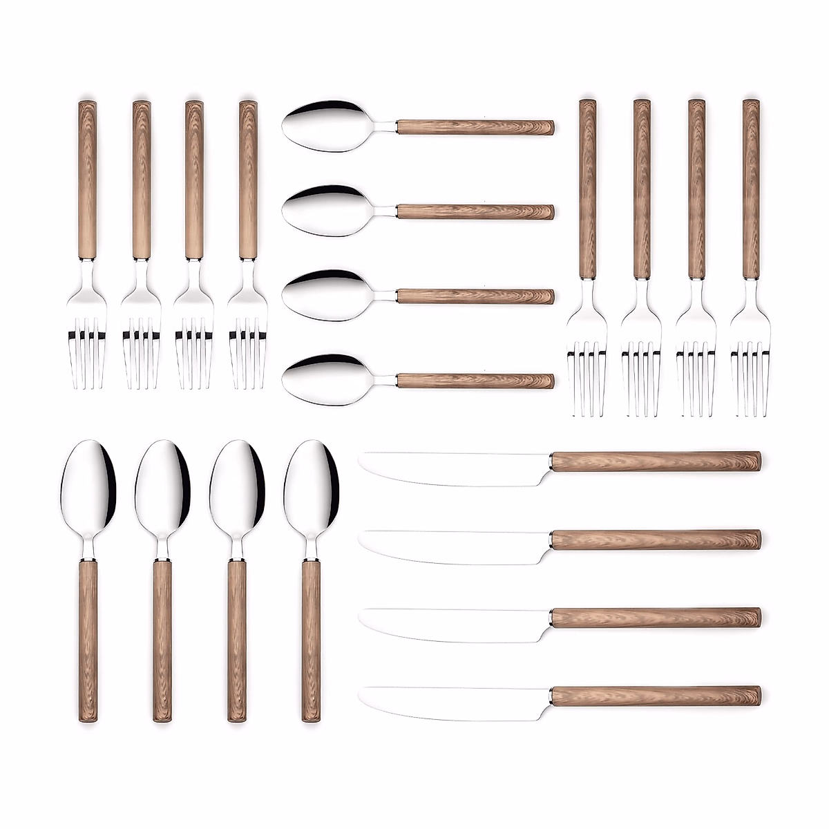 20 Piece Walnut Faux Wooden Handle Flatware Set For 4,Ornative Ivy Silverware Include Knifes, Forks, Spoons, Stainless Steel Cutlery Silverware Set, Dishwasher Safe Utensil for Home Kitchen Restaurant
