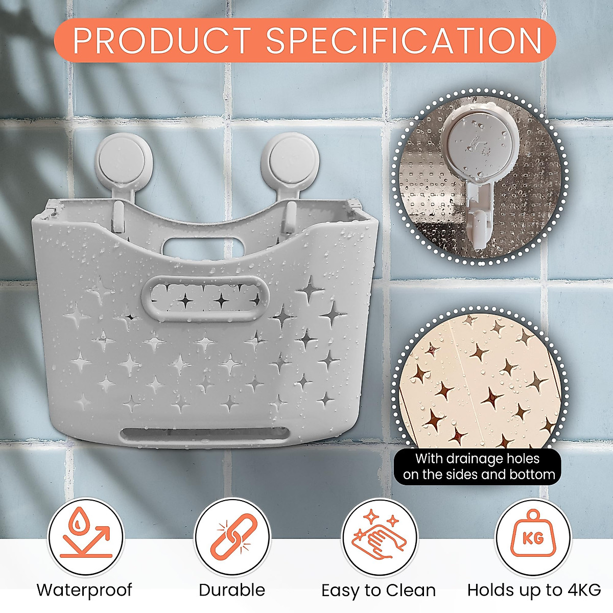 Generic Multipurpose Foldable Storage Caddy with 2 Suction Cup Hooks, Best Used as Bathroom Organizers and Shower Caddy, Portable and Easy-to-Clean, Holds up to 4KG, white