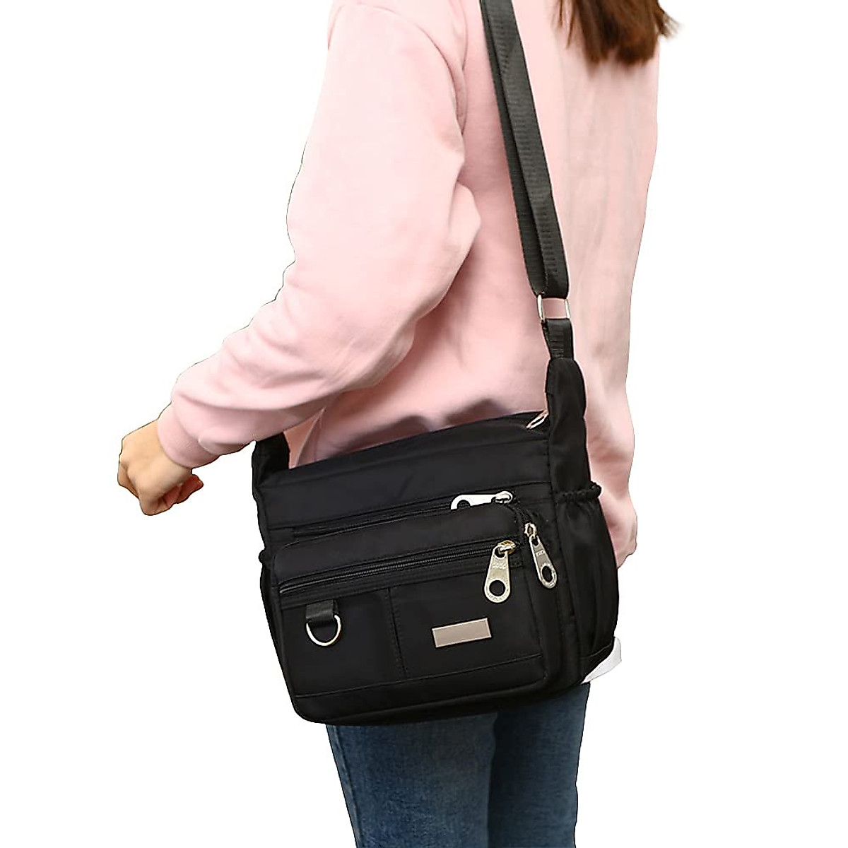 Iyasen Nylon Multi-Pocket Crossbody Purse Bags for Women Messenger Bag Lightweight Travel Waterproof Shoulder Bag (Black)