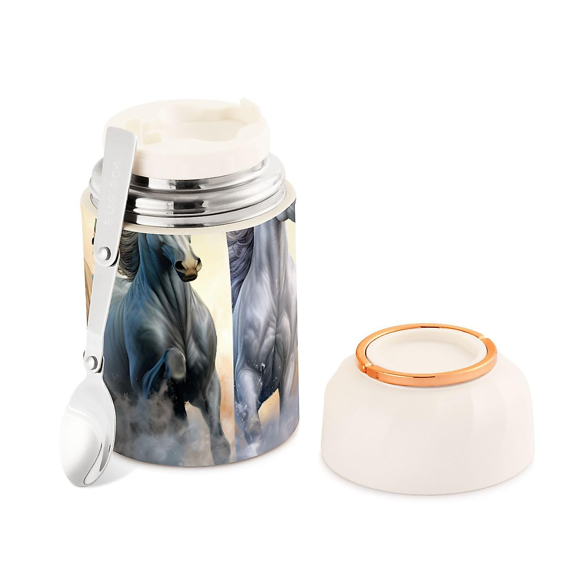 Horse Colorful Kids Womens Insulated Food Jar Containers with Spoon 17oz/500ml Food Jar For Hot Food Stainless Steel Vacuum Food Warmer Soup Containers for Keep Food Warm