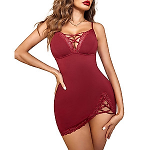 Avidlove Lingerie Nightgowns for Women Sexy Lace Sleepwear V Neck Chemise Lingerie Dress Full Slip Nighties(Wine Red S)