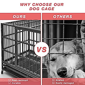 48 inch Heavy Duty Indestructible Dog Crate Steel Escape Proof, Indoor Double Door High Anxiety Cage, Kennel with Wheels, Removable Tray, Extra Large XL XXL