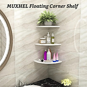 MUXHEL 4 Pcs Floating Corner Shelf with Mounting Accessories, Wooden White Round Corner Wall Shelves, Wall Mounted Corner Storage Shelf for Bathroom, Bedroom, Living Room