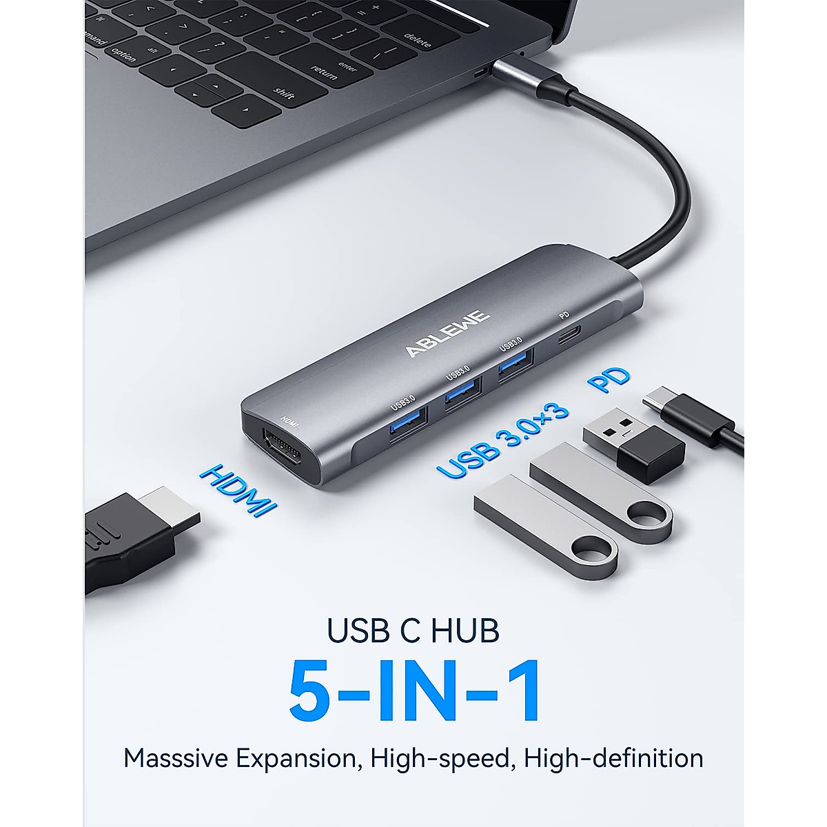 USB C Hub, ABLEWE USB C to HDMI Multiport Adapter, Thunderbolt 3 to HDMI Hub with 4K HDMI, 3*USB 3.0 and 100W PD Charging Adapter for MacBook Pro/Air 2020, iPad Pro/Chromebook/Pixelbook/XPS/Surface