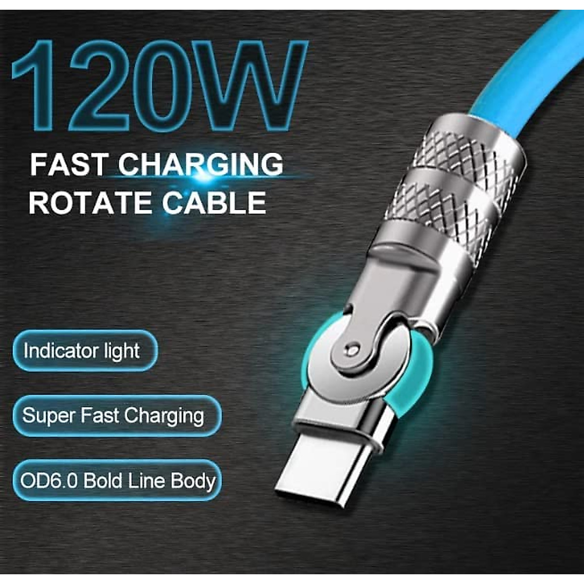 Chubby Gamer 180 Rotating Fast Charge Cable, 180° Rotating Fast Charge Cable, USB to C Durable to Avoid Breakage, Flexible Rotary Connector Thick Rubber Safety Charging (1.8m-Blue, for iPhone)