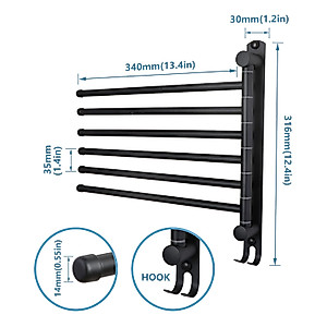 Space Saving Towel Rack JSVER Black Space Saving Towel Holder, Towel Rack Wall Mounted, Swivel Hand Towel Holder, 6-Arms Towel Bar, Towel Racks for Bathroom