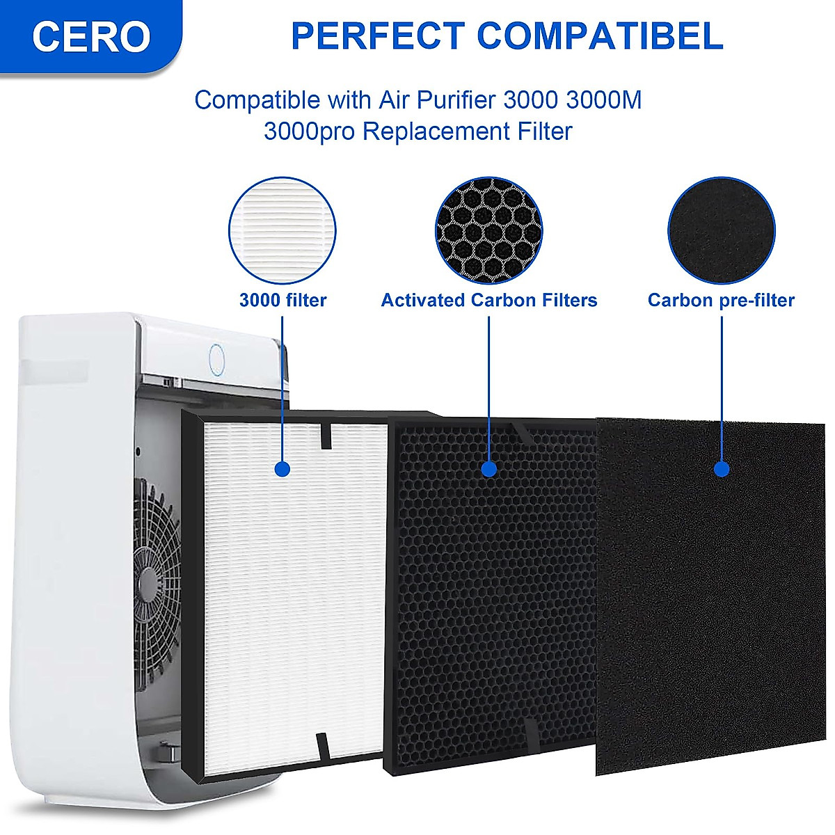 CERO 3000 Replacement Filter for 3000 3000M 3000Pro 2 Filters, 2 Activated Carbon, 6 Extra Carbon Pre-Filters