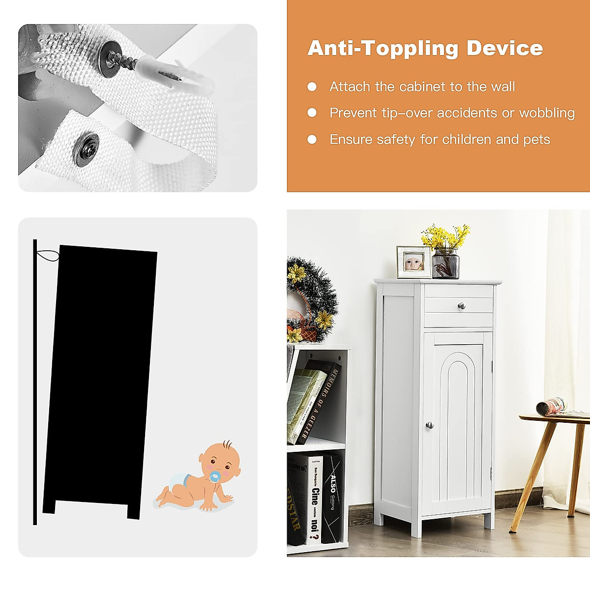 IFANNY Bathroom Storage Cabinet, Freestanding Floor Cabinet with Drawers & Doors, Narrow Towel Storage for Small Bathroom, Wooden Storage Cabinet for Laundry Room, Living Room, Bedroom (White)