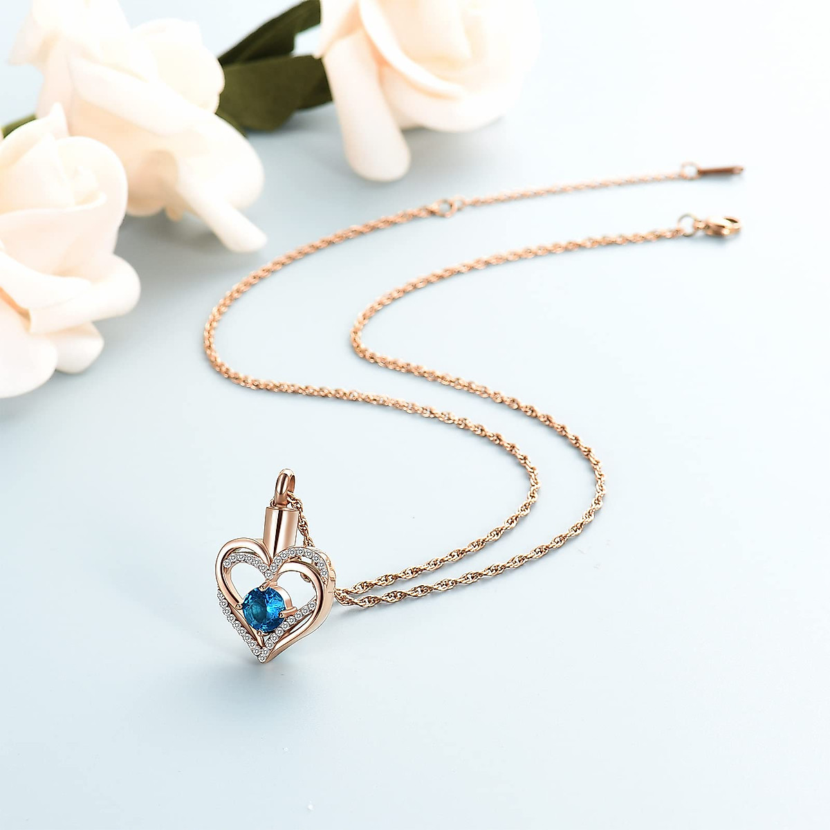 shajwo Cremation Jewelry Heart Urn Necklace for Ashes for Women Gilrs Memorial Keepsake Birthstone Pendant,Rose Gold-Light Blue