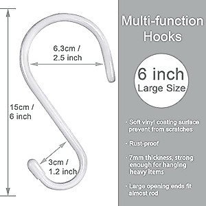 6 Inch White S Hooks, Large Vinyl Coated S Hooks Heavy Duty Non Slip Metal Closet Rod Hooks for Hanging Plants Outdoor Lights Jeans Clothes Bags Pot Pan Cups Tools - 4 Pack
