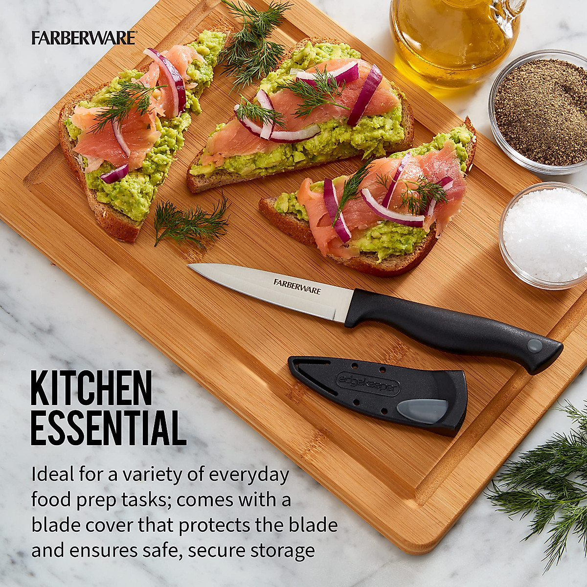 Farberware Edgekeeper 3.5-Inch Paring Knife with Self-Sharpening Blade Cover, High Carbon-Stainless Steel Kitchen Knife with Ergonomic Handle, Razor-Sharp Knife, Black