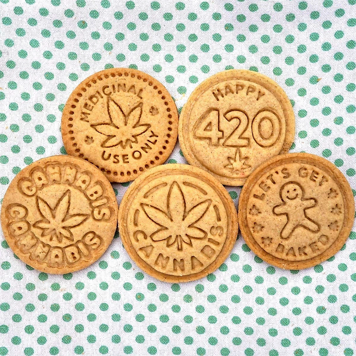 PJ BOLD Marijuana Silicone Cookie Stamps, Stainless Steel Cookie Cutter, Wood Handle, Party Novelty Gift, 6 Stamp Set