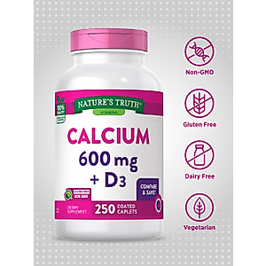 Nature's Truth Calcium 600mg with Vitamin D3 | 250 Tablets | Calcium Carbonate Supplement | Vegetarian, Non-GMO & Gluten Free