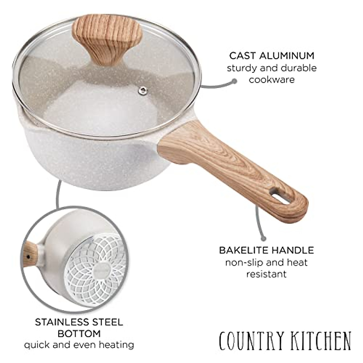 Country Kitchen Nonstick Cookware Sets - 6 Piece Nonstick Cast Aluminum Pots and Pans with BAKELITE Handles - Non-Toxic Pots with Glass Lids - Speckled Cream with Light Wood Handles