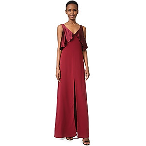 Jill Jill Stuart Women's Deep-V Satin Back Crepe Gown, Oxblood, 10