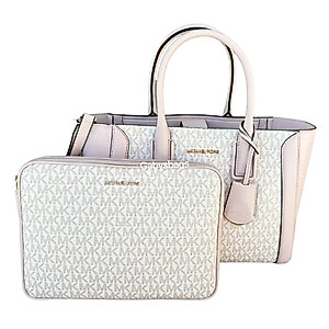 Michael Kors Kali Medium Satchel Tote Crossbody Signature MK + Ipad Case (Pink Optic White Rose Gold)