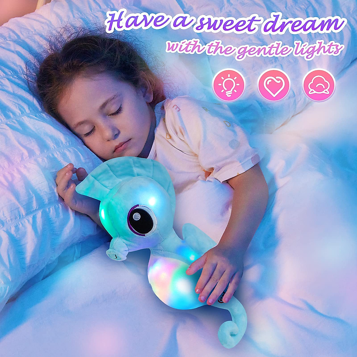 Athoinsu Light up Seahorse Stuffed Animals LED Soft Ocean Life Plush Toy with Night Light Bedtime Pal Children's Day Birthday Gifts for Toddler Kids, 8'' (Blue)
