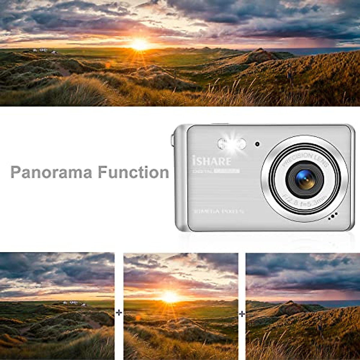 Digital Camera, Rechargeable 30MP Point and Shoot Camera with 32GB SD Card 18X Digital Zoom, Compact Camera for Kids Teens Aldults Elders (Silver)