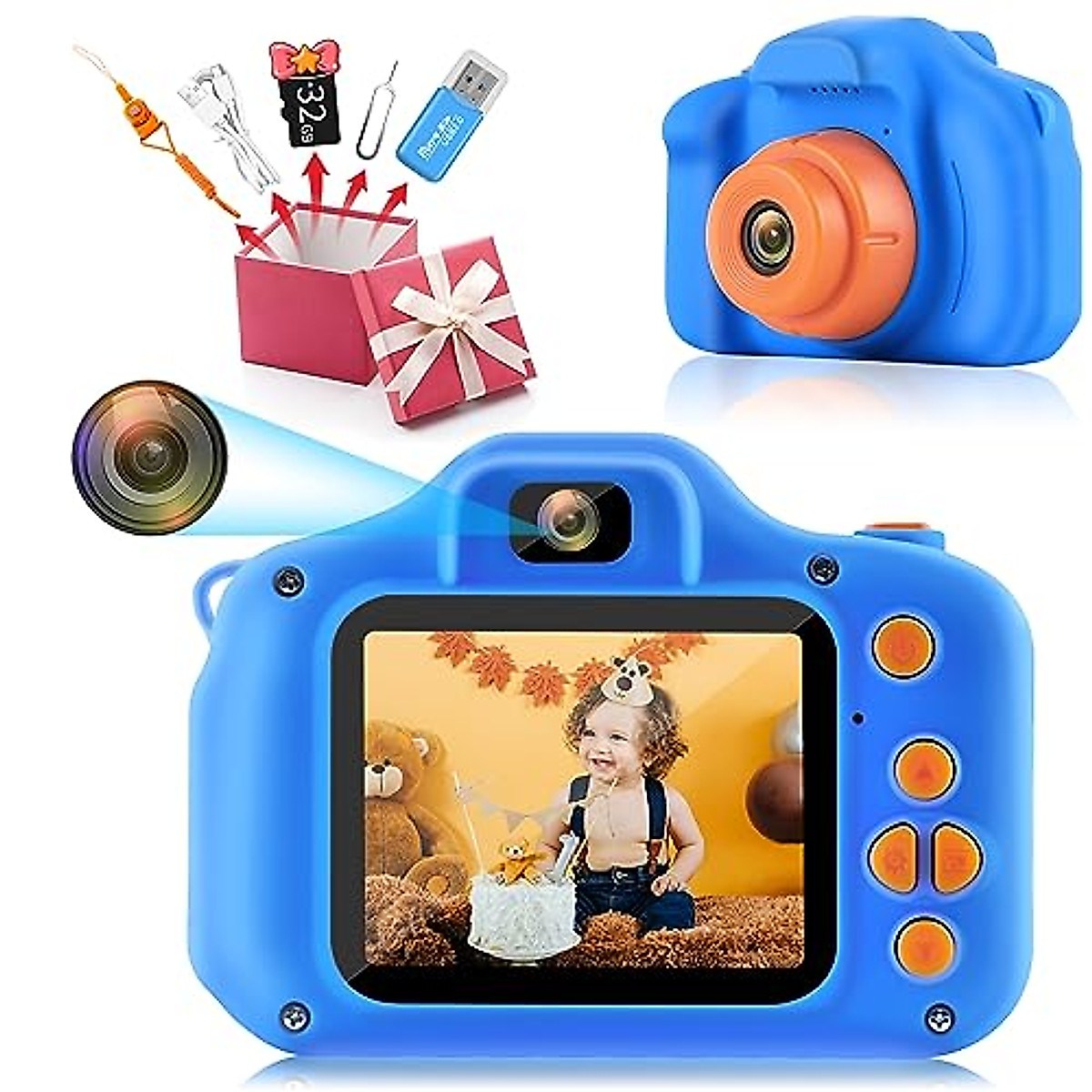HOMHOW Kids Camera HD Kids Digital Camera for Boys Girls Children, Selfie Toddler Camera Kid Toys Christmas Birthday Gift Age 3 4 5 6 7 8 9 Year, 2inch IPS Screen with 32GB TF Card Navy Blue