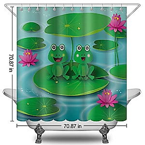 YSWOW 4PCS Bathroom Sets with Shower Curtain and Rugs and Accessories, Green Funny Cartoon Animal Frog on Rainy Tree Branch Modern Bathroom Decor Shower Curtain Sets with Rugs (Frog 15)