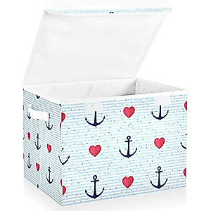Kigai Nautical Anchor Heart Storage Baskets for Shelves Foldable Closet Basket Storage Bins with Lid for Clothes Home Office Toys Organizers