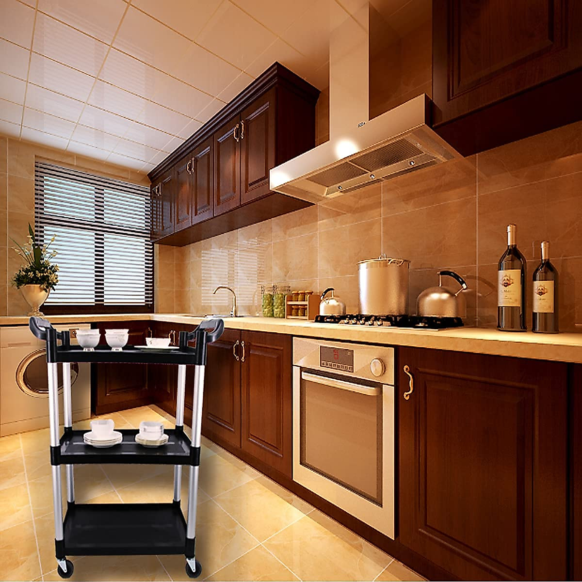 Abacad Plastic Utility Cart with Wheels Lockable, Heavy Duty Restaurant Cart, Service Cart for/Home/Office/Warehouse/Kitchen/Workshop,390 Lbs,2 Handles, Black.