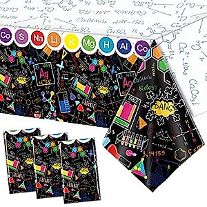 Plastic Science Tablecloth Science Party Decorations Rectangular Table Cover Dark Color Science Themed Table Cloth for Birthday Science Lab Party Classroom Decor, 51 x 87 Inch (3 Pcs)