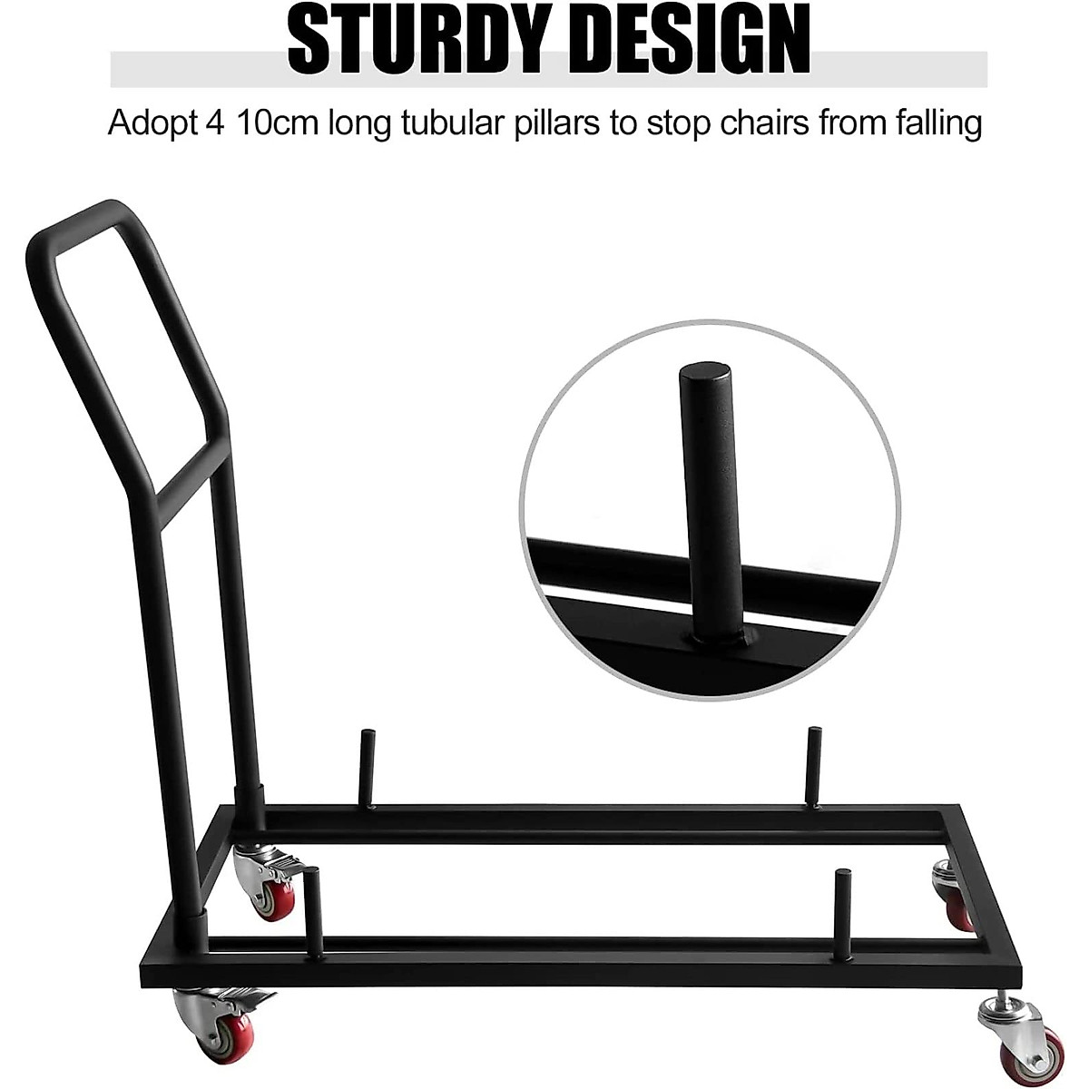 Black Folding Chair Cart Rolling Push Dolly, Commercial Grade Steel Frame, Storage Capacity 50 Chairs