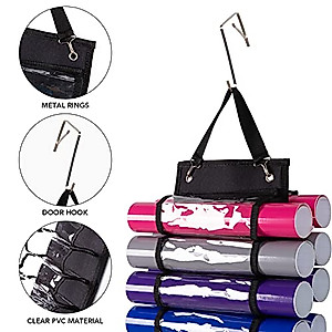 AGX Bravo Vinyl Roll Holder with 48 Compartments - Clear Vinyl Storage Organizer Wall Mount/Over The Door, Hanging Craft Vinyl Storage Rack with Door Hooks and Strap (Black)