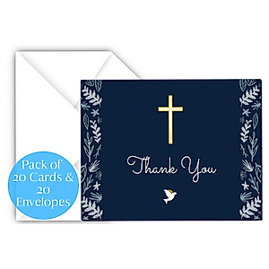 Elcer 20 Christian Thank You Cards Religious Catholic acknowledgment Notes Navy Blue & Gold Holy Communion Baptism Confirmation Christening Reconciliation Funeral with envelopes 8x5.5 (Navy Blue)