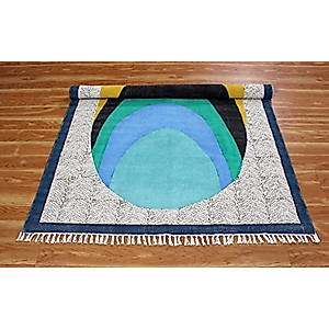 Casavani Indian Handmade Cotton Dhurrie Bordered Blue & Yellow Area Rug Boho Kilim Flat Weave Rug Indoor Hall Room Decor Carpet Throw Rugs for Bedroom Living Room Bathroom Balcony 6x12 Feet Runner